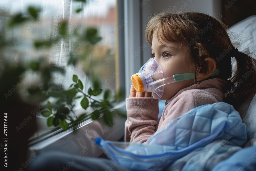 Cozy and relaxed, a young girl puffs an asthma inhaler while observing ...