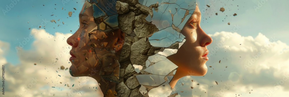 Two people standing facing each other, creating a mirrored effect in ...
