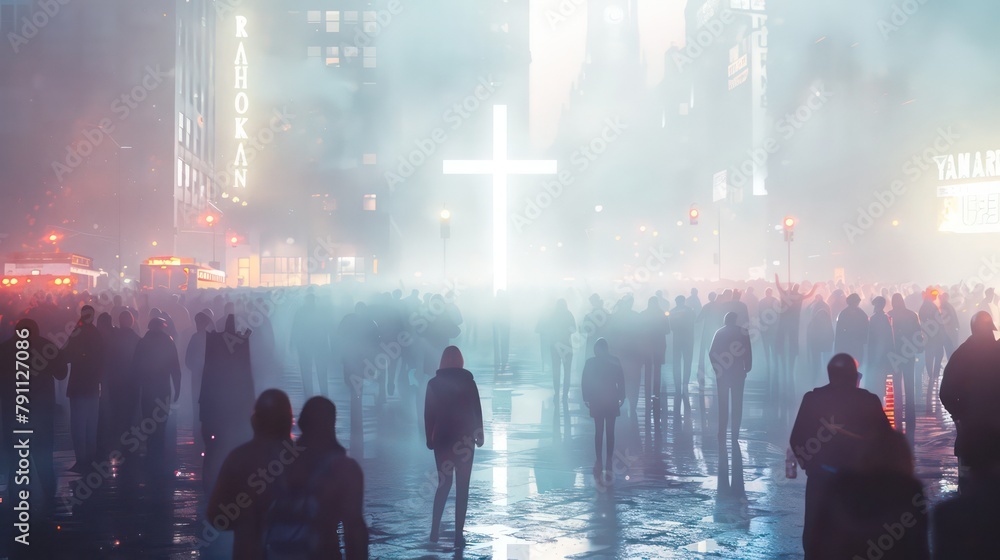 Crowd of people looking at a bright cross in the middle of the street ...