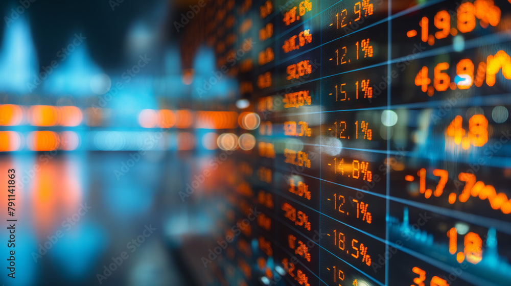 Stock market data. Table of digital data displayed on large screen with ...