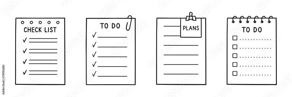 Check list, memory note paper doodle set. Reminder, to do list ...
