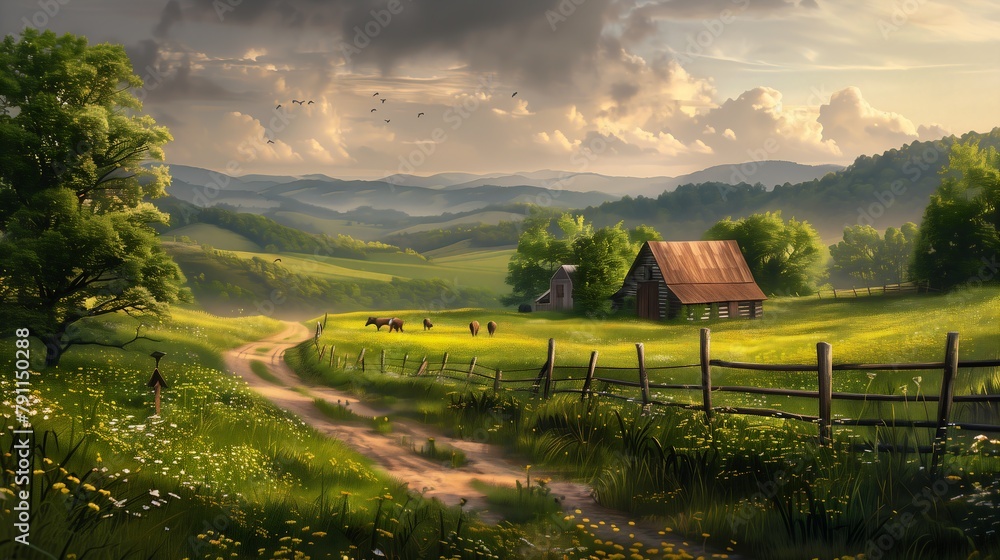 farm scene horses grazing pasture matte sweet home township stunning ...