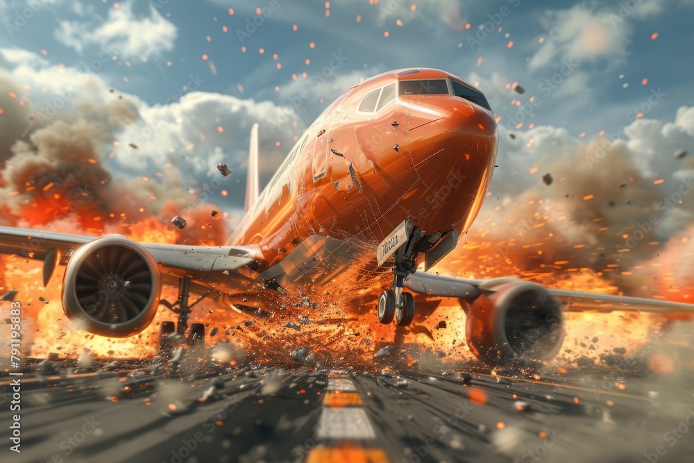 Plane crash airplane on runway catastrophe burning wrecks engine fire ...