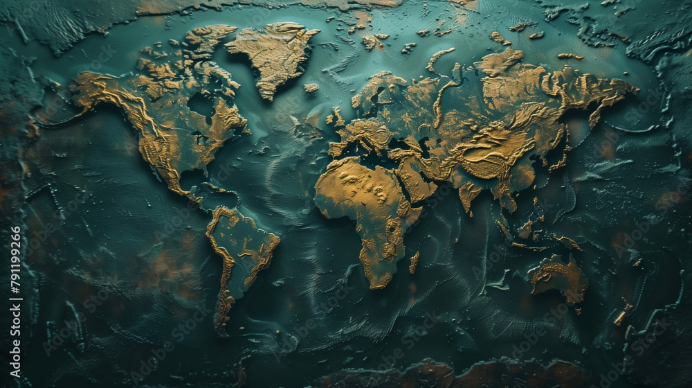 World map with relief, painted, featuring all continents, countries ...