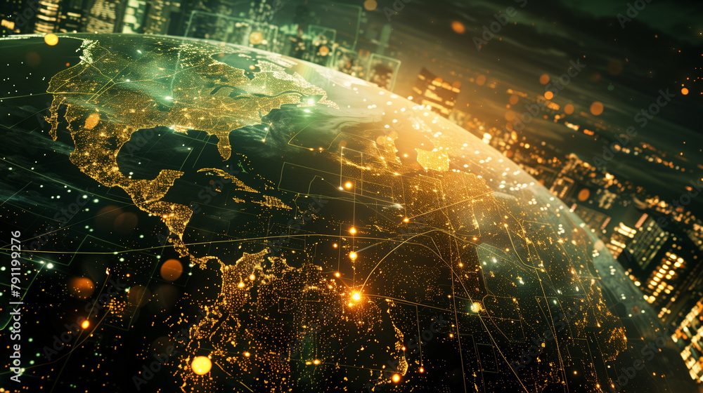 World map with interconnected countries with lines, points of light ...