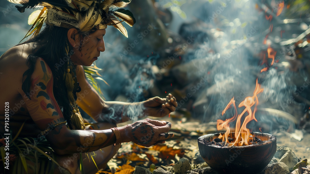 Shamanic ritual with a Mayan shaman in the jungle of Peru or Mexico in ...