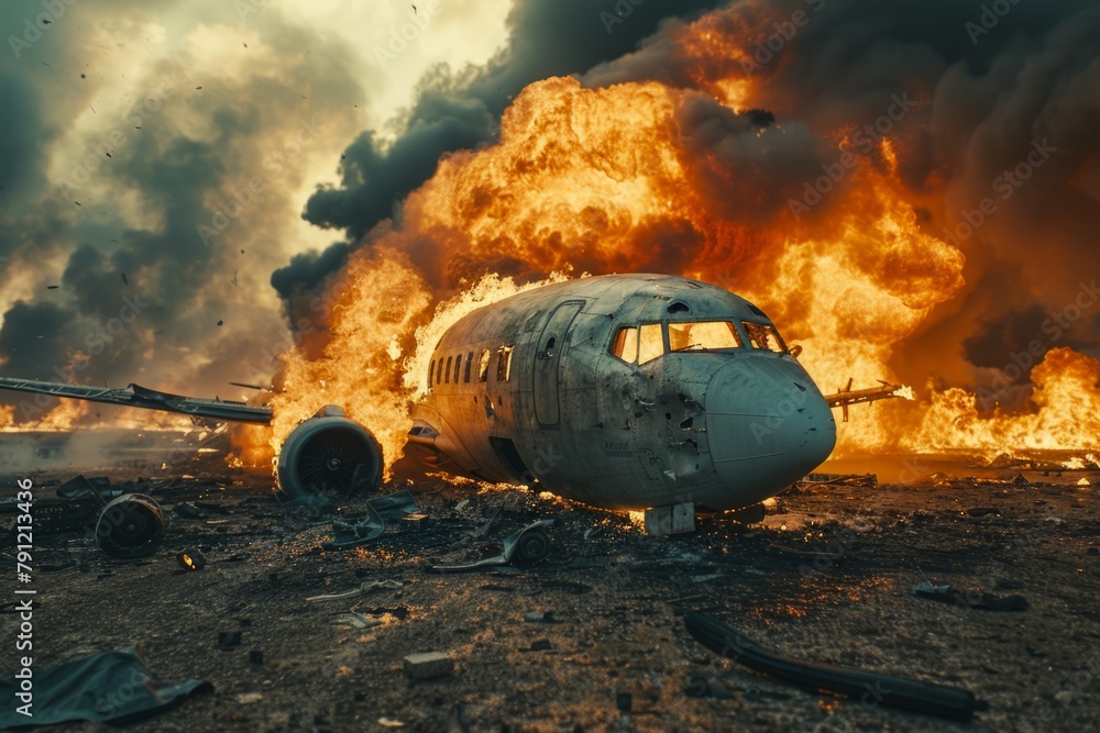 Plane crash airplane on runway catastrophe burning wrecks engine fire ...