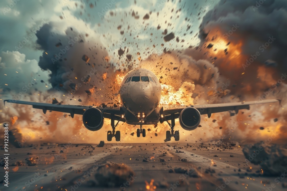 Plane crash airplane on runway catastrophe burning wrecks engine fire ...
