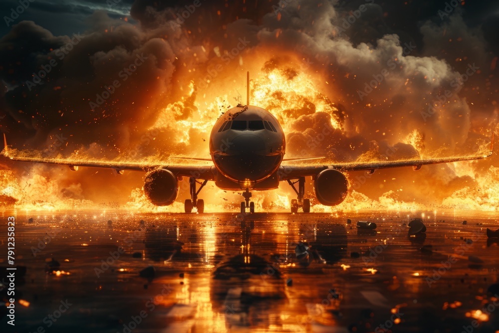 Plane crash airplane on runway catastrophe burning wrecks engine fire ...
