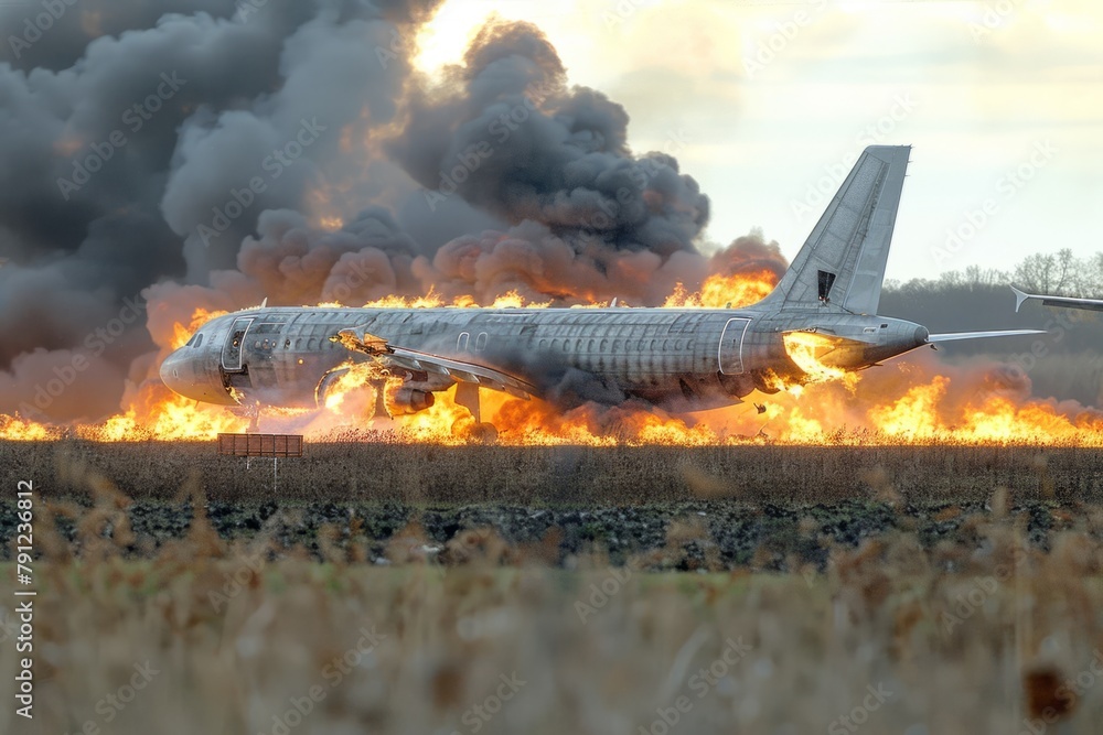 Plane crash airplane on runway catastrophe burning wrecks engine fire failure explosion fuel ...