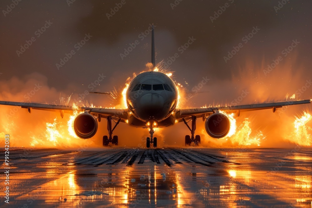 Plane crash airplane on runway catastrophe burning wrecks engine fire ...