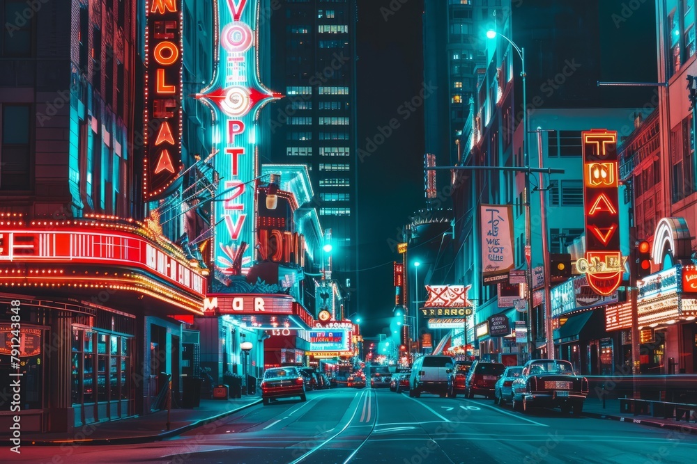 A retro cityscape with mid-century modern architecture, sleek cars, and ...
