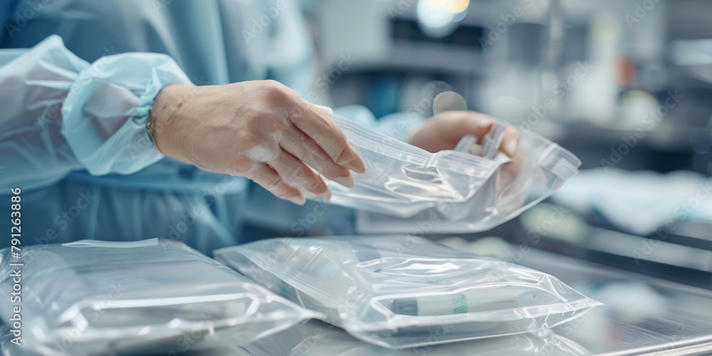 Hands holding surgical instruments, gently placing them into two ...
