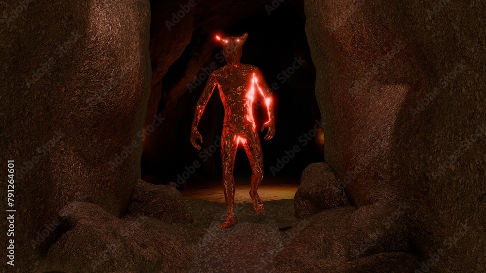 Jinn in cave. Arabic Djinn inside cave. Horned demon, ancient magical ...