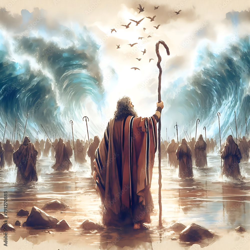 Cinematic realist portrayal of Moses, standing firm with his staff ...
