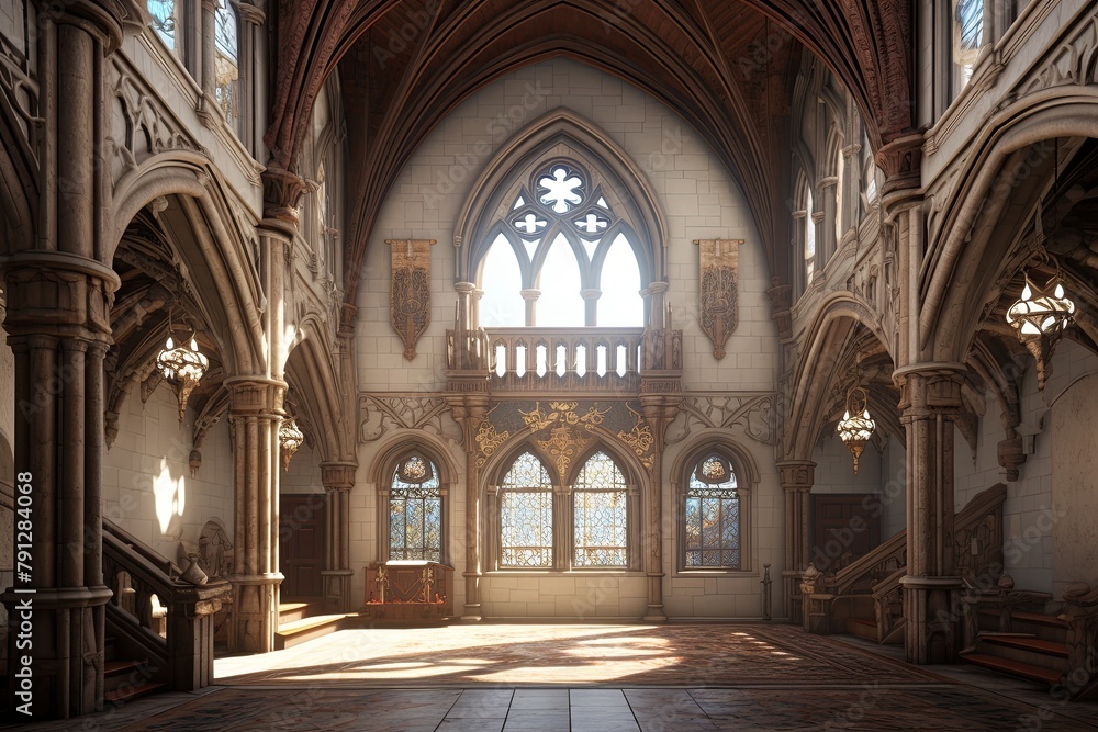 Neo-Gothic Castle Foyer Concepts: Clerestory Windows & Parapet Indoor ...
