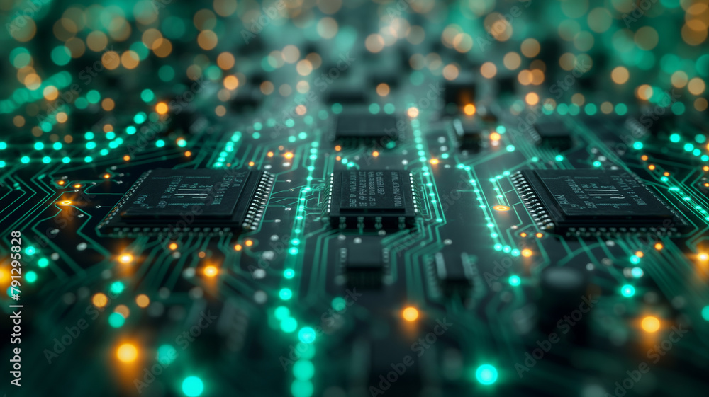 A computer chip is shown in a green and yellow color scheme Stock ...
