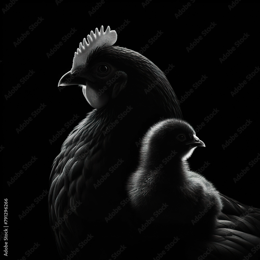 Black background Rim light a Hen mother and her baby in profile ...