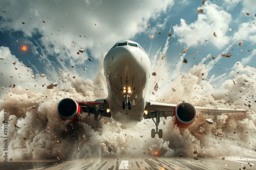 Plane crash airplane on runway catastrophe burning wrecks engine fire ...