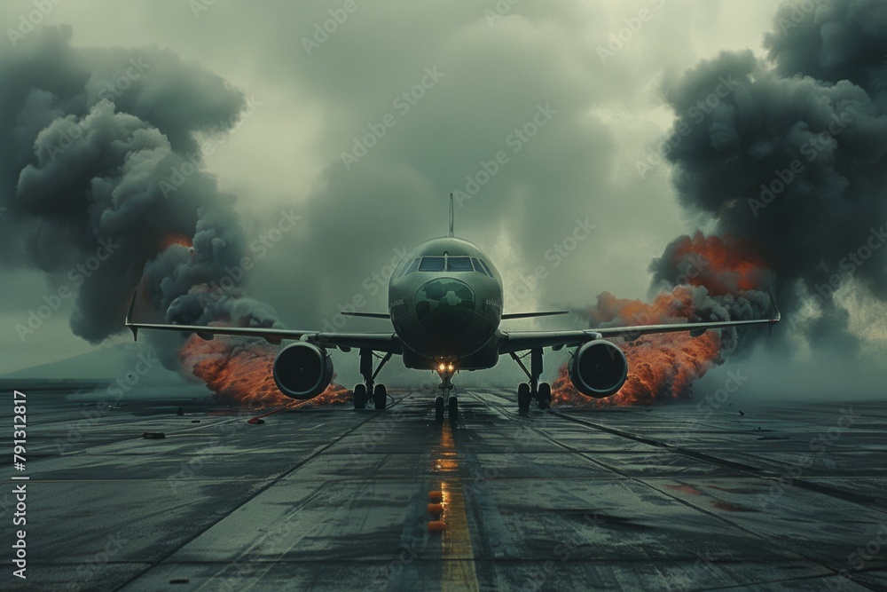Plane crash airplane on runway catastrophe burning wrecks engine fire ...