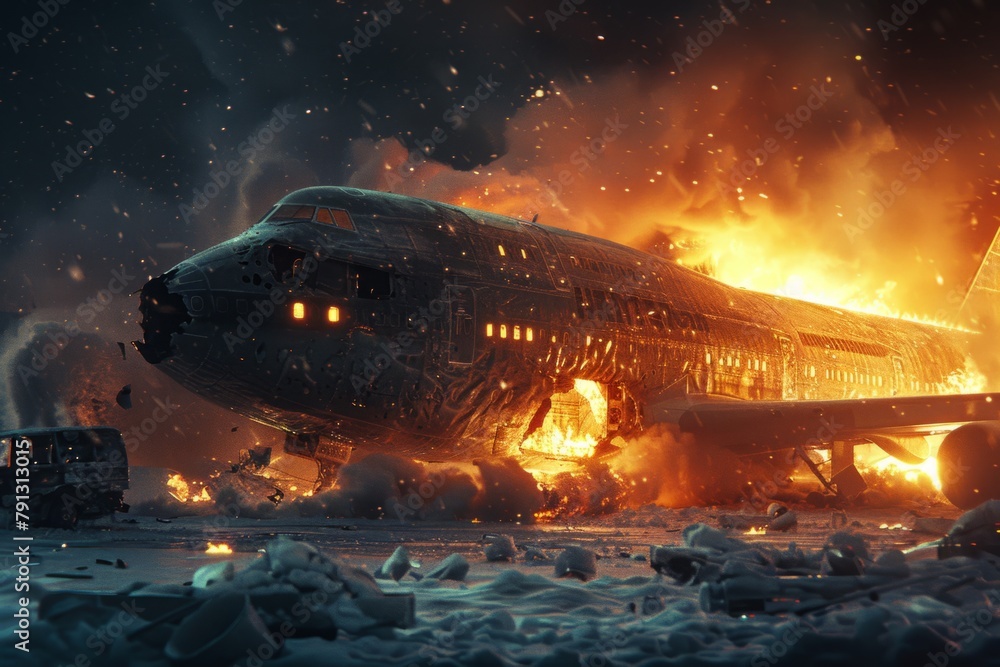 Plane crash airplane on runway catastrophe burning wrecks engine fire ...