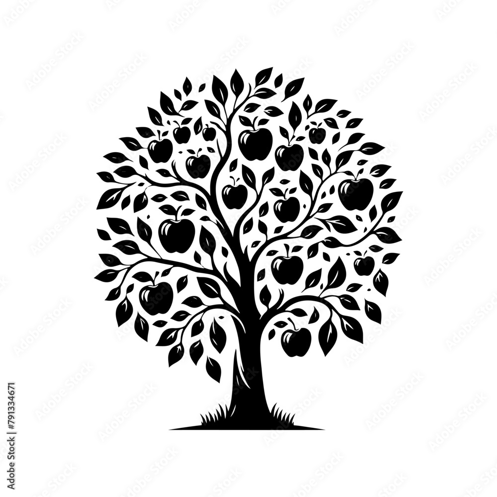 Black Vector Apple Tree Silhouette, a Moonlit Dance of Nature's Bounty ...