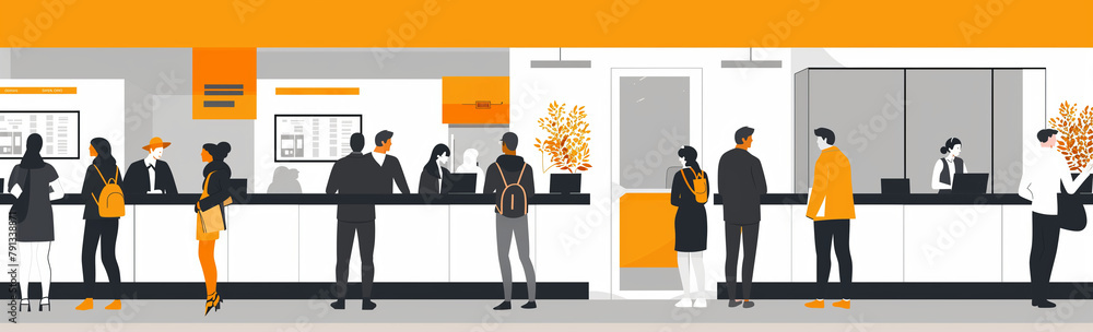 Bank finance office interior with busy bank tellers and bank manager ...