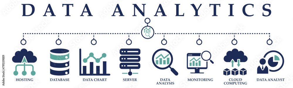 Data analytics banner web solid icons. Vector illustration concept including icon of hosting ...