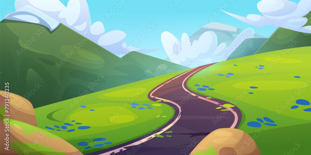 Winding road on mountain background. Vector cartoon illustration of ...