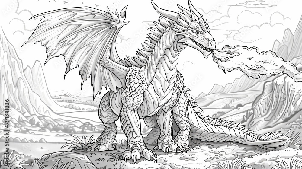 Fantasy: A coloring book page featuring a majestic dragon breathing ...