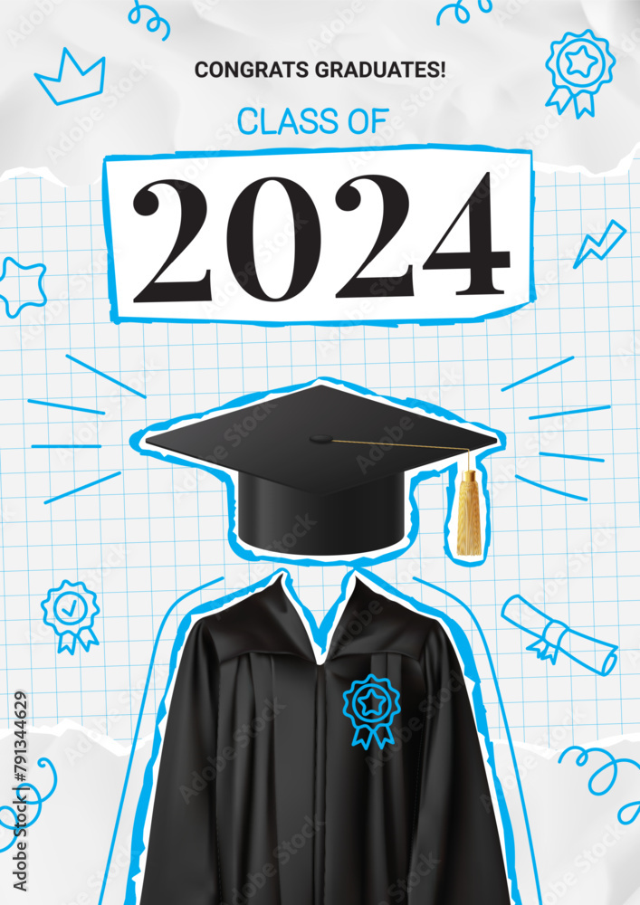 Greeting poster of graduation 2024. Vector collage with graduation cap ...
