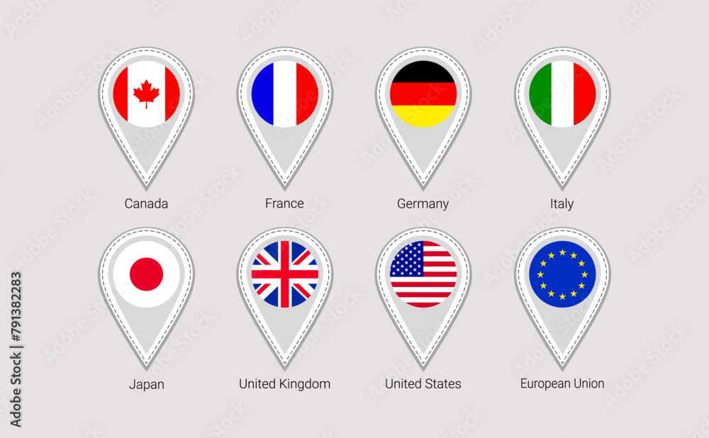 Big seven flags maps pins isolated icons vector illustration. G7 states ...