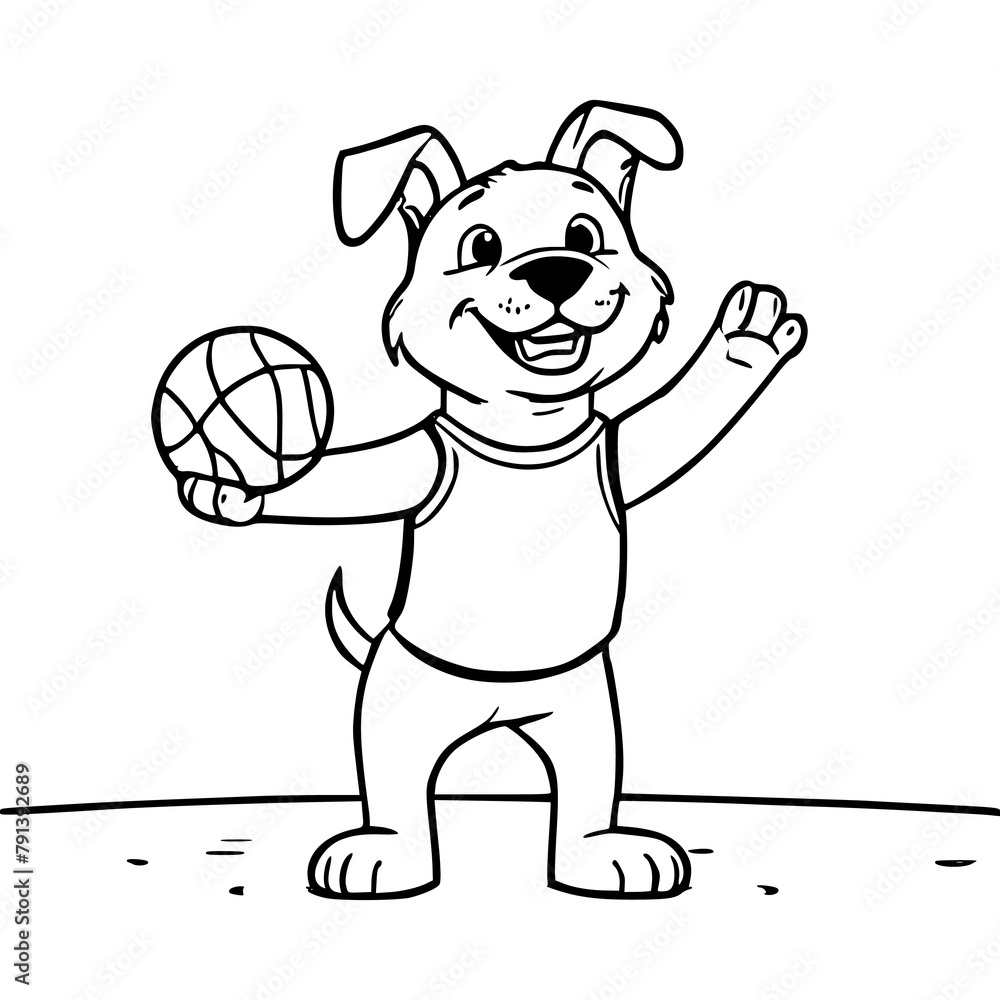 Cute Dog Shooting Basketball outline doodle cartoon illustration. Bold ...