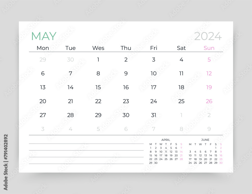 Vector de Stock May 2024 calendar. Planner calender template. Week ...
