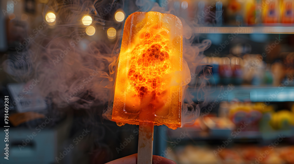 Lava popsicle, a hand holding a heated inferno popsicle, surreal ice ...