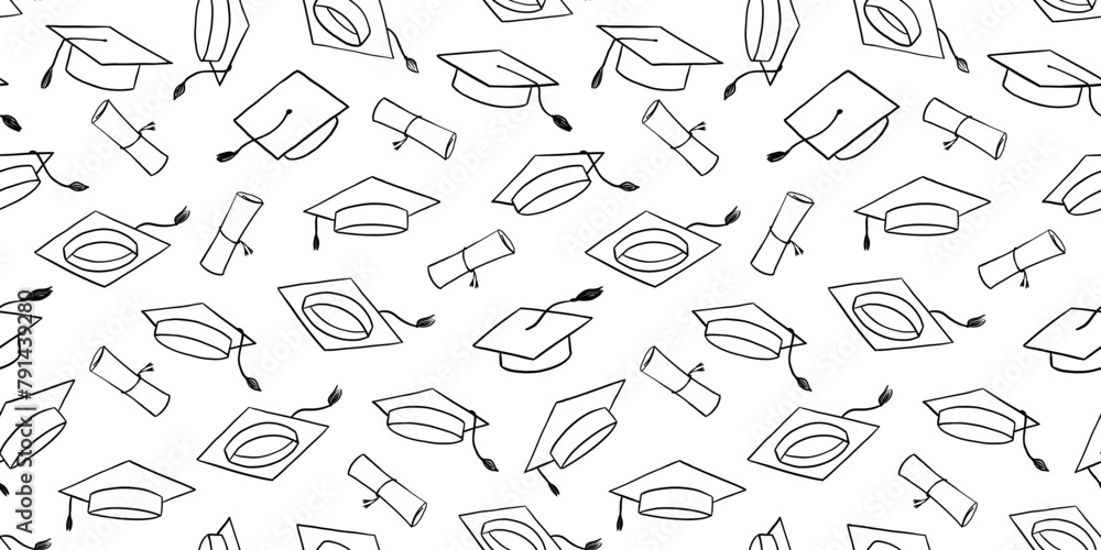Seamless pattern with graduate hat and diploma scroll . Hand drawn ...