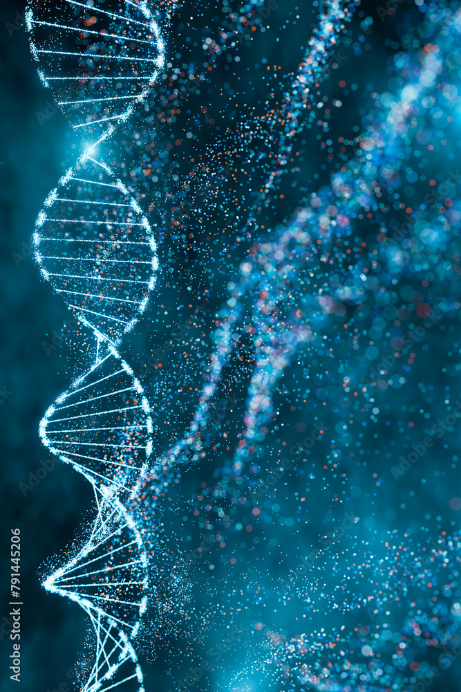 DNA double helix with sparkling nodes in a dynamic blue environment. Genomic sequencing ...