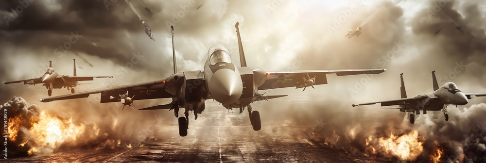 Military fighter jets take off in an explosive action-packed scene with ...