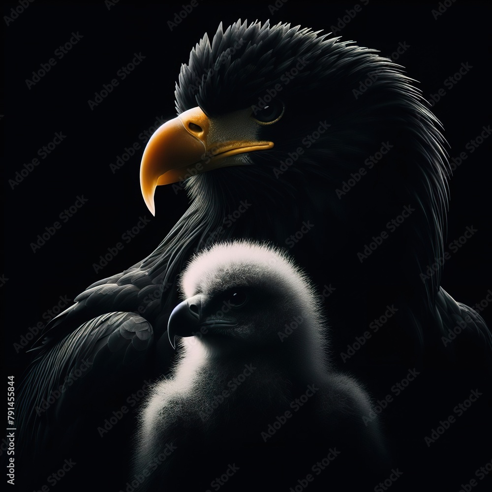 Black background Rim light a Eagle mother and her baby in profile ...