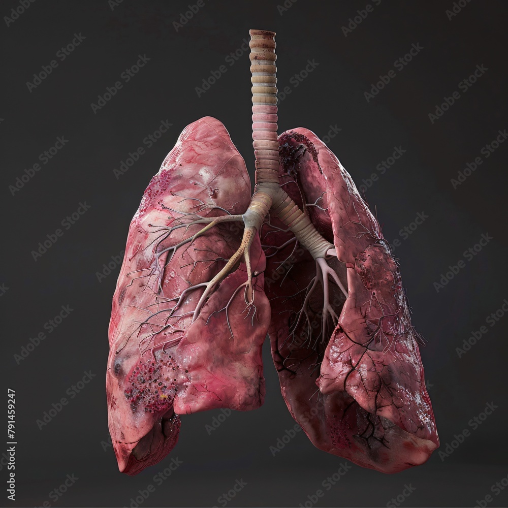 Highly detailed image of human lungs, featuring lobes, bronchi, alveoli ...