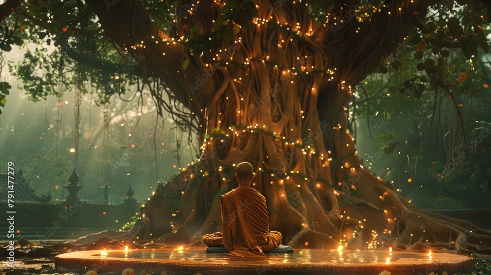 contemplative monk deep in meditation beneath the Bodhi tree ...