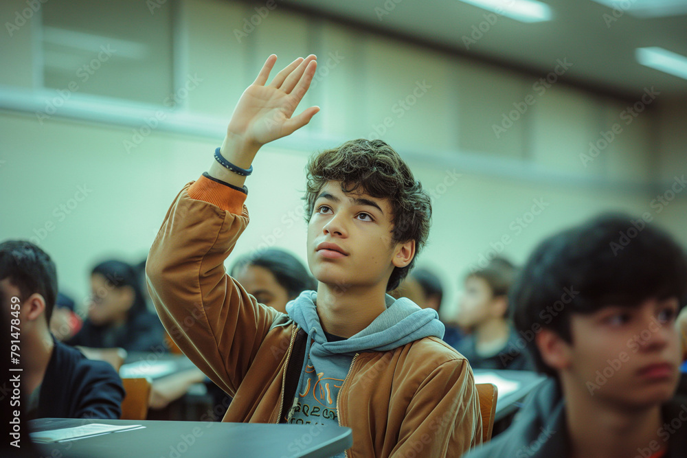 Young students in classroom Raising Hand, American school boy raised ...