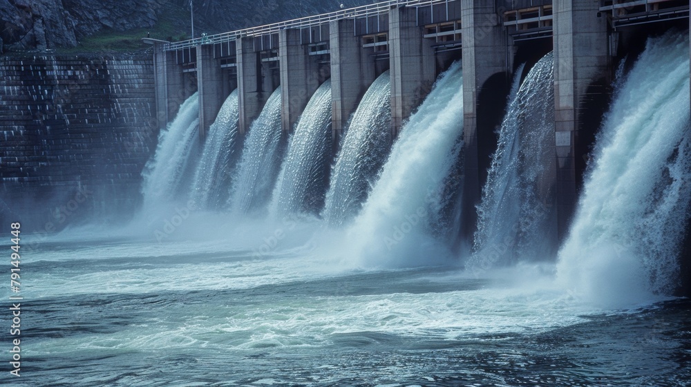 Closeup of a dam spillway the structure built to divert excess water ...