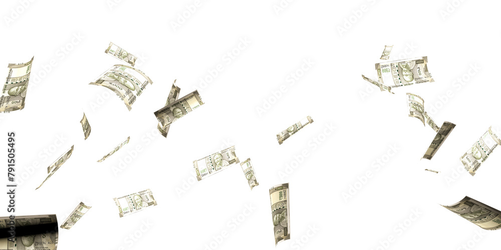 500 Indian rupee notes flying in different angles and orientations ...