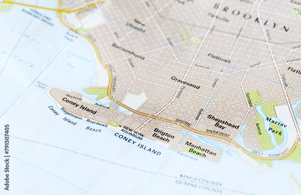 Detailed closeup macro view of Coney Island map peninsular neighborhood ...