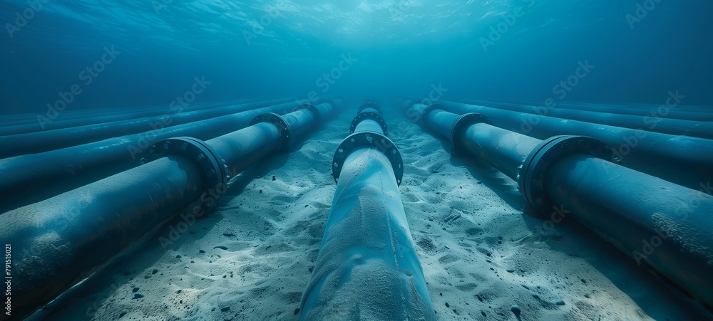 Parallel undersea pipelines stretching into the distance on the ocean ...