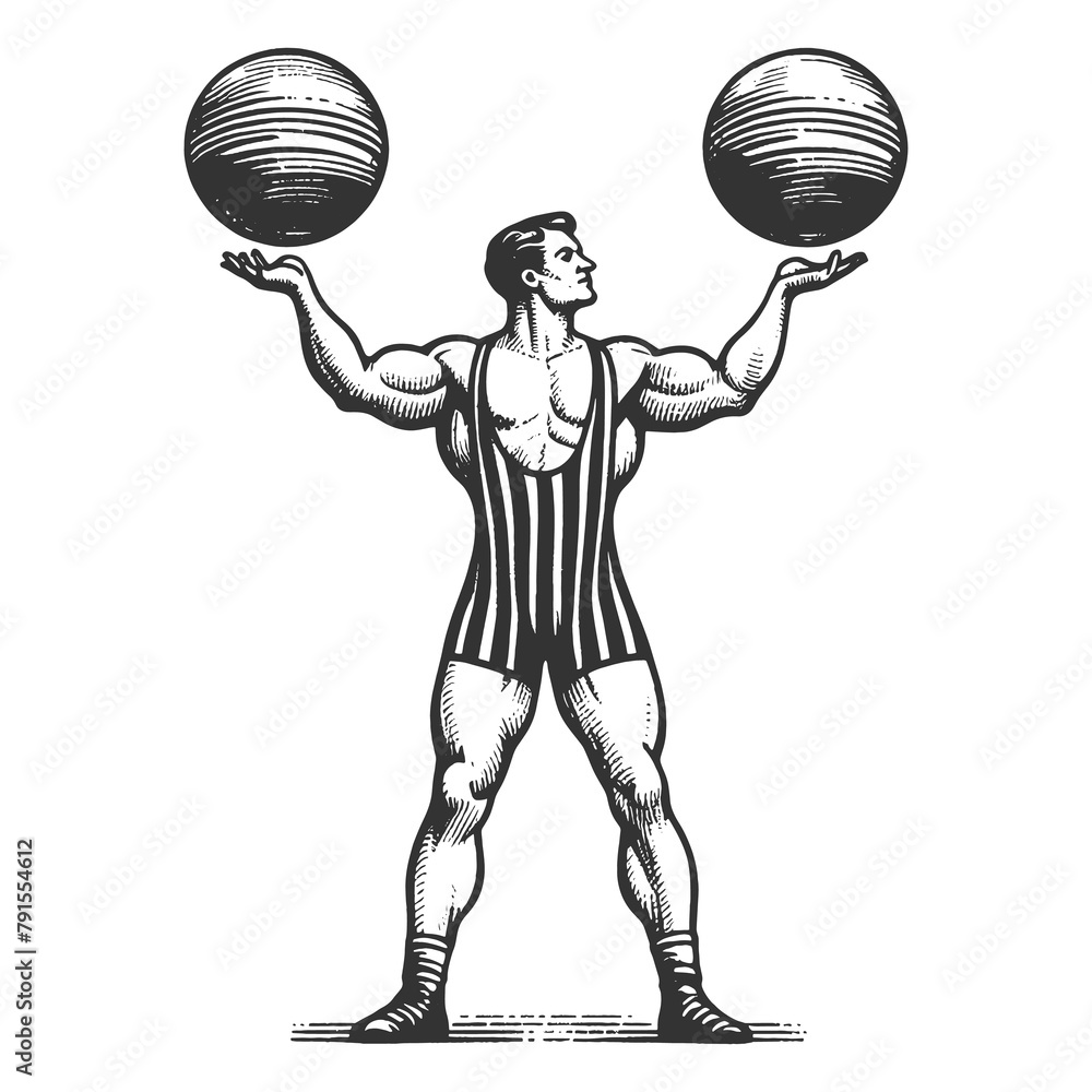 Circus strongman juggles kettlebells weights sketch engraving ...