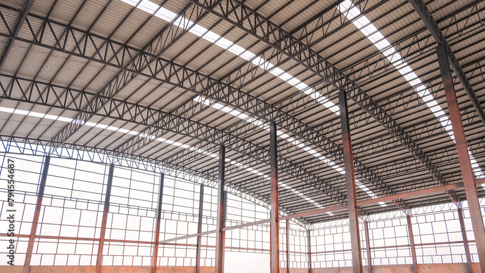 Steel wall framework structure with metal columns and curve roof beams ...