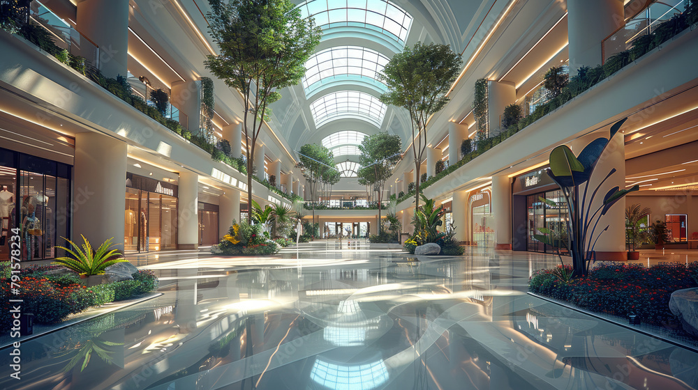 Big inner space, shopping mall, modern style architecture, glass atrium ...