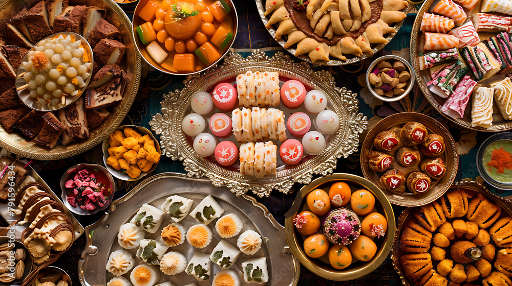 Indian sweets gulab jamun, jalebi, and barfi, arranged on ornate ...